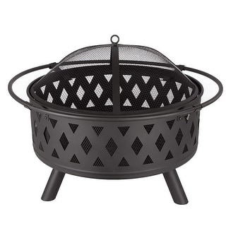 Round Fire Pit with Net Cover,Fire Poker,Diamond Mesh,Metal Wood ...
