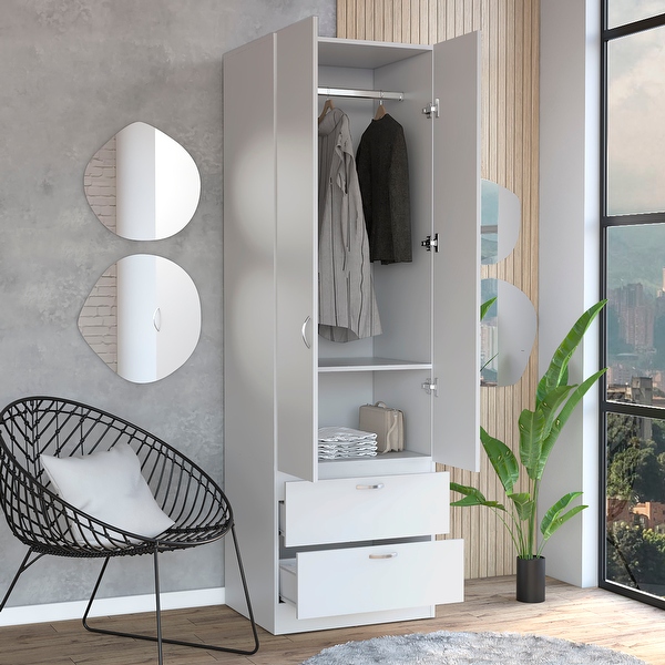 76 High Armoire Wardrobe Closet with 2 Drawers Double Door Cabinet One Shelf and Hanging Rod White
