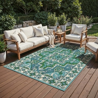 Miramar Oriental Medallion Blue/ Green Indoor/Outdoor Area Rug - Bed ...