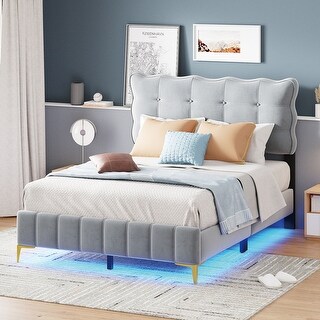 Full Size Velvet Platform Bed with LED Light Frame and Stylish Metal ...