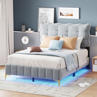 Full Low Profile Platform Bed with Wavy Headboard, LED - Bed Bath ...