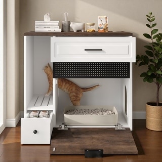 Cat Litter Box Enclosure with 2 Drawers and Drop-Down Door, Hidden Cat ...