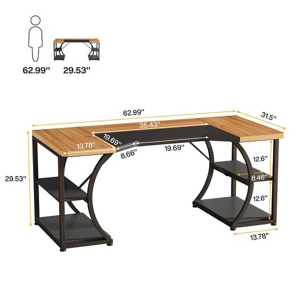 63 inch Home Office Desks with Storage Shelves and Ergonomic Curved ...
