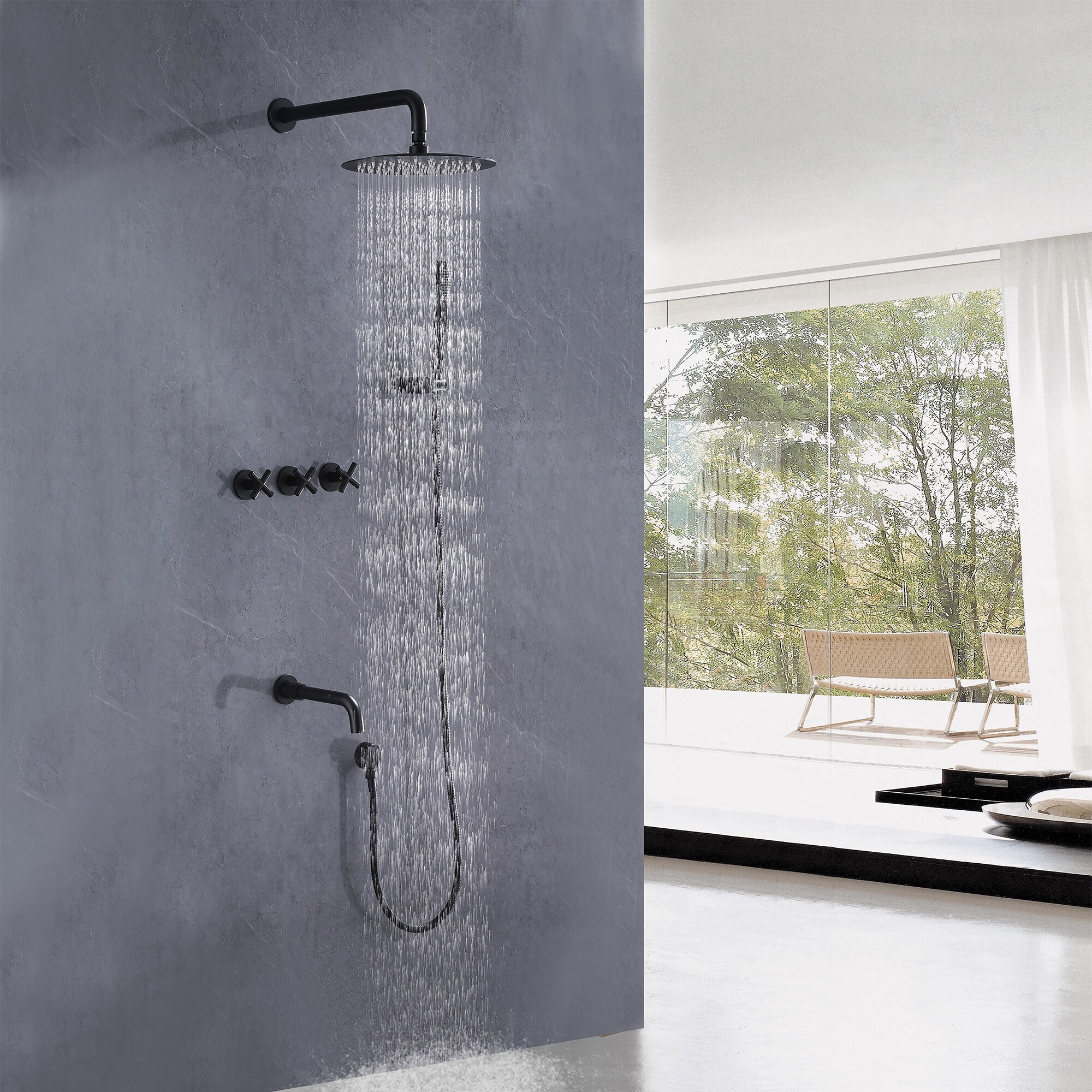 Double-Handle 2-Spray Wall Mount Full/Rain Shower Faucet, Hand Shower ...