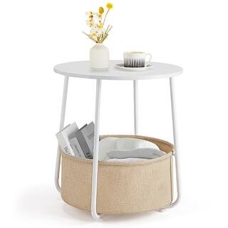 White & Beige Nightstand with Linen Basket - Contemporary Bedside Table ...