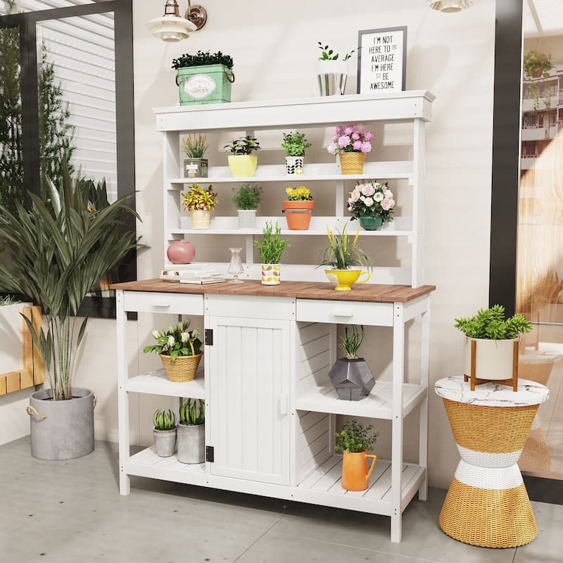 66" Large Wooden Farmhouse Potting Bench Table, Garden Workstation with ...