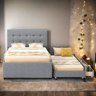 Full Size Upholstered Platform Bed with Pull-out Twin Size Trundle and ...
