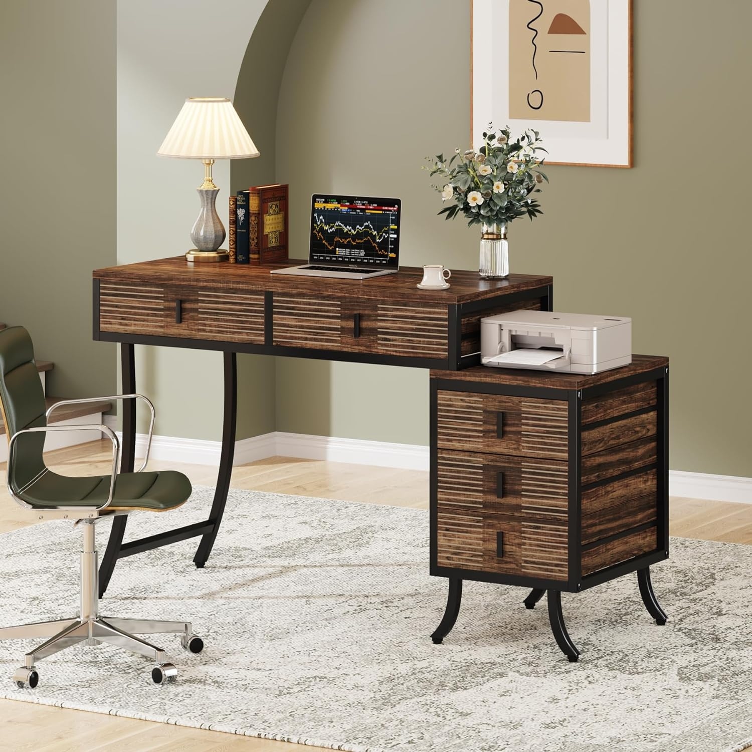 55 Home Office Desk with Reversible 5 Drawers Brown