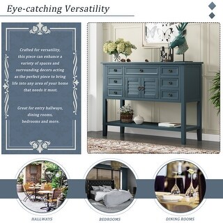 7 Drawers Console Table Blue Entry Sofa Table w/ Bottom Storage Shelf ...