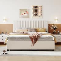 Linen Fabric Upholstered Bed Frame Queen Platform Bed with 4 Storage Drawers & Classic Headboard ...