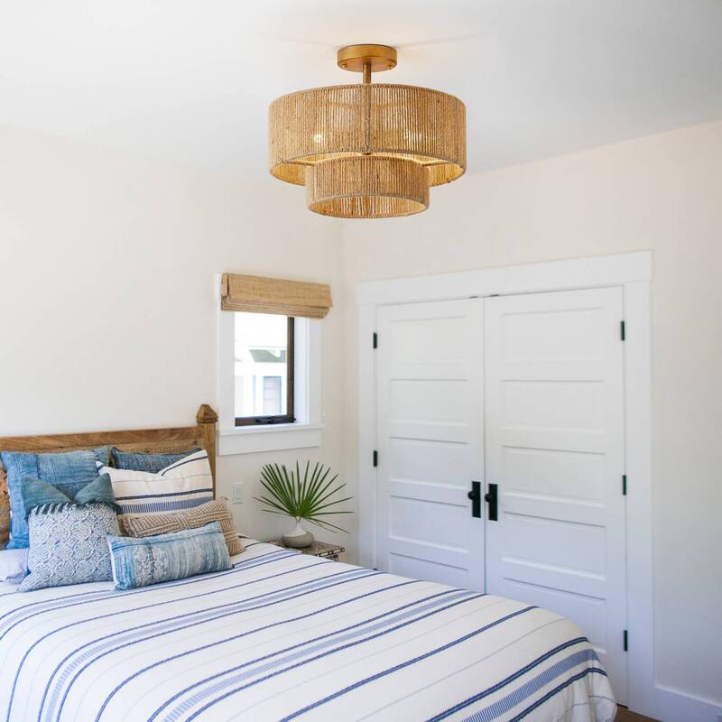 Bohemian Brown Hemp Rope 3-Light Semi-Flush Mount Ceiling Light - 15.4 ...