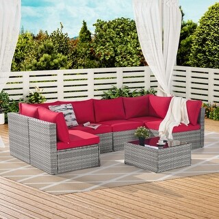 Red Modular PE Rattan Sofa Furniture Set with Glass Table - Bed Bath ...