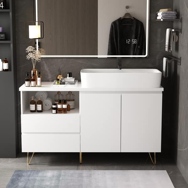 Complete Set White and Gold Bathroom Vanity with Two Sink Size Choices ...