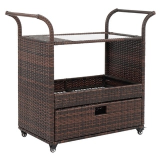 Outdoor Patio Wicker Rattan Serving Bar Cart Sideboard On Wheels Brown ...