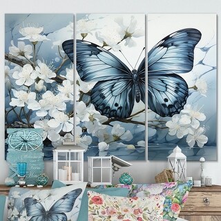 Designart "Blue White Butterfly Reflection" Animals Wall Decor Set ...