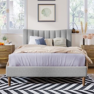 Gray Linen Platform Bed, Channel Tufted - Bed Bath & Beyond - 39645196