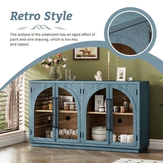 Navy Buffet Sideboard Large Storage Cabinet Console Table with 4 Arched ...