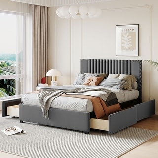 Full Size Gray Bed Frame Platform Bed with Storage Drawers & Headboard ...
