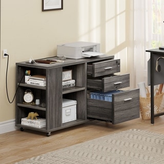Wood File Cabinet with Charging Station Mobile Lateral Filing Cabinet ...