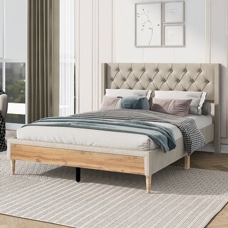 Full Size Linen Upholstered Platform Bed with Button-Tufted Headboard ...