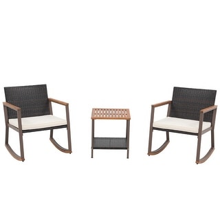 Rocking Bistro Set 3pc-PE Wicker & Wood,Outdoor Patio Furniture - Bed ...