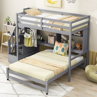 Twin Over Full Bunk Bed with Storage Stairs, Wooden Bunk Beds w/Desk ...