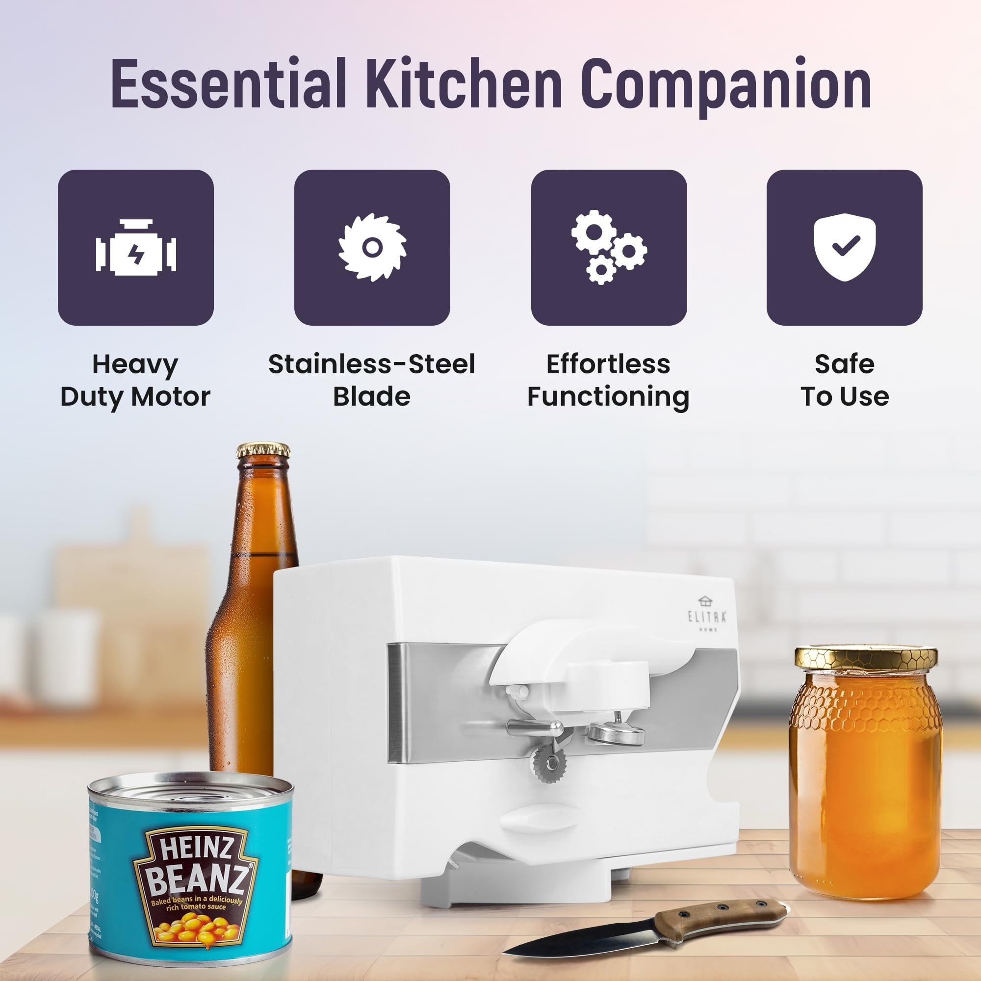 Elitra Home 4 in 1 Under The Cabinet Mounted Electric Can Opener Blade Sharpener Bottle Opener Jar Opener for Large and Small Cans White