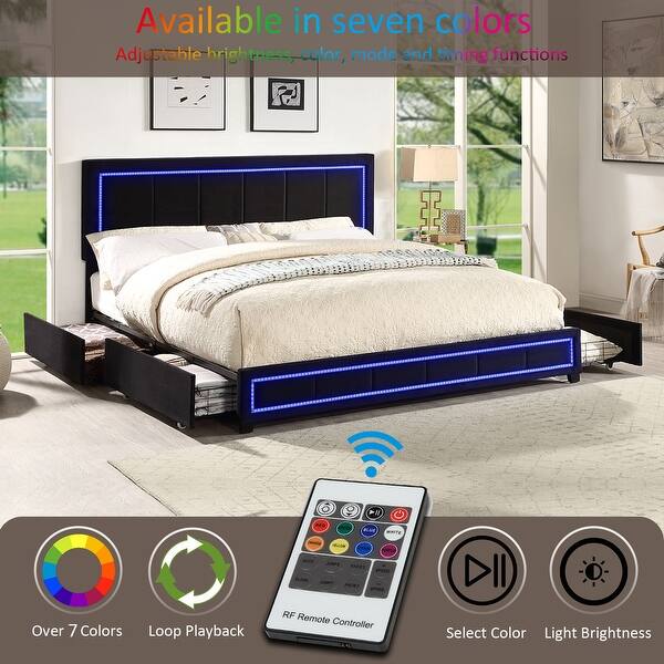 Queen Size LED Upholstered Platform Bed with USB Port & 4 Drawers ...