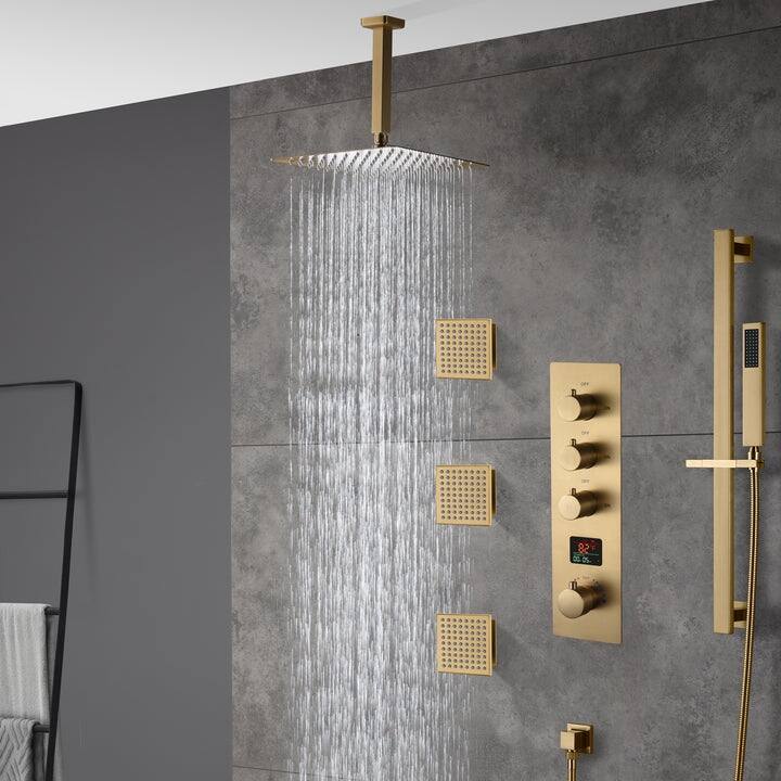Brushed Gold Ceiling Mount 12 Inch Rain 3 Way Digital Display