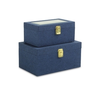 Set of 2 Navy Blue and Gold Handmade Rectangular Linen Boxes 10.25 ...
