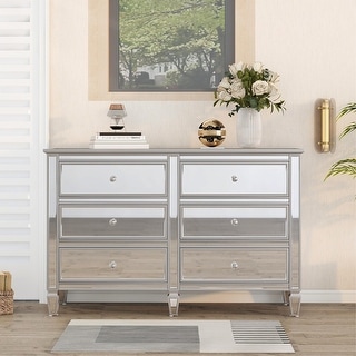 Elegant Mirrored Dresser with 6 Drawers, Silver Finished Dresser - Bed ...