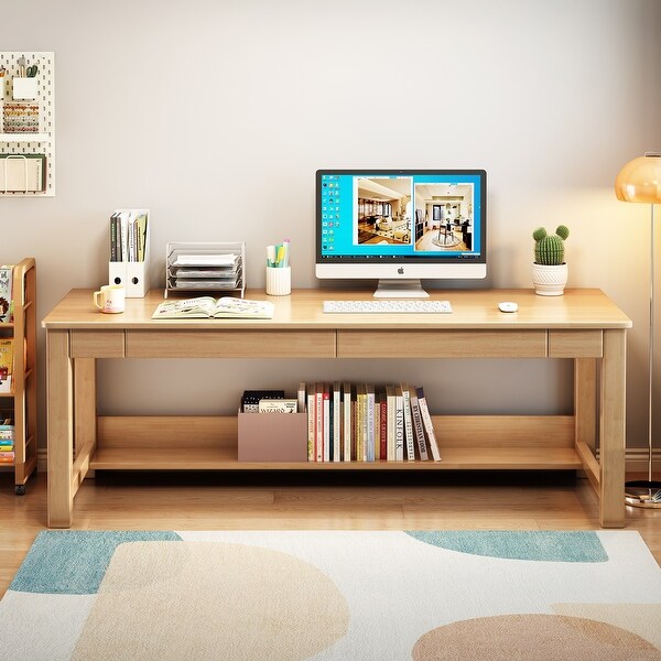Solid Wood Desk with Shelf All in One Children s Study Table Home Student Writing Desk Brown