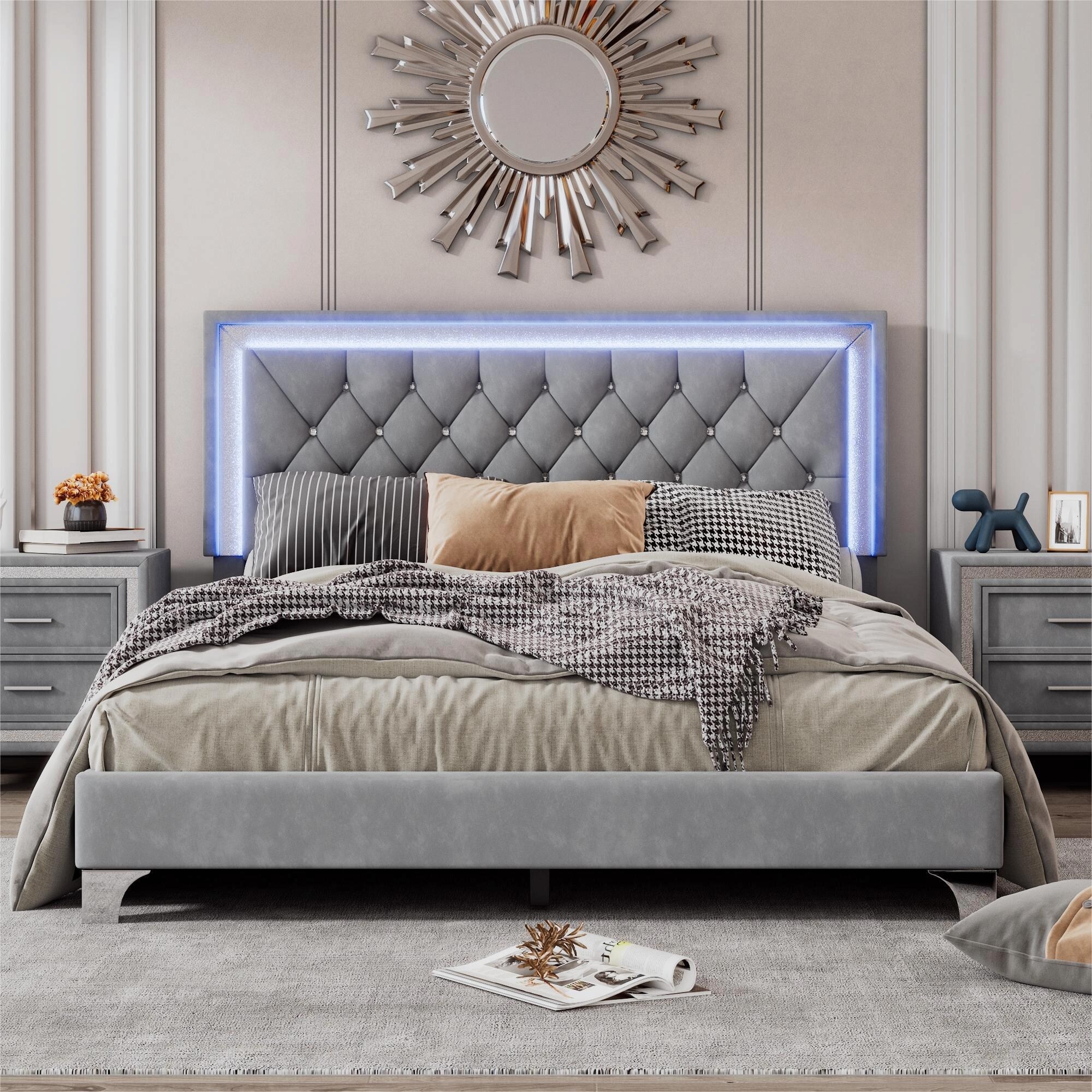 Queen Size LED Upholstered Bed with Crystal Tufted Headboard Bed Bath Beyond 38889263