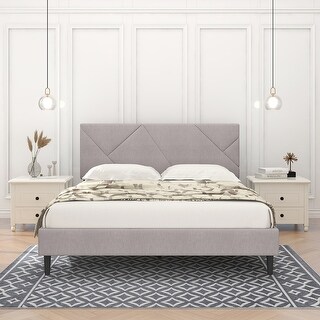 Light Beige Linen Upholstered Queen Size Platform Bed - Ideal Clearance ...