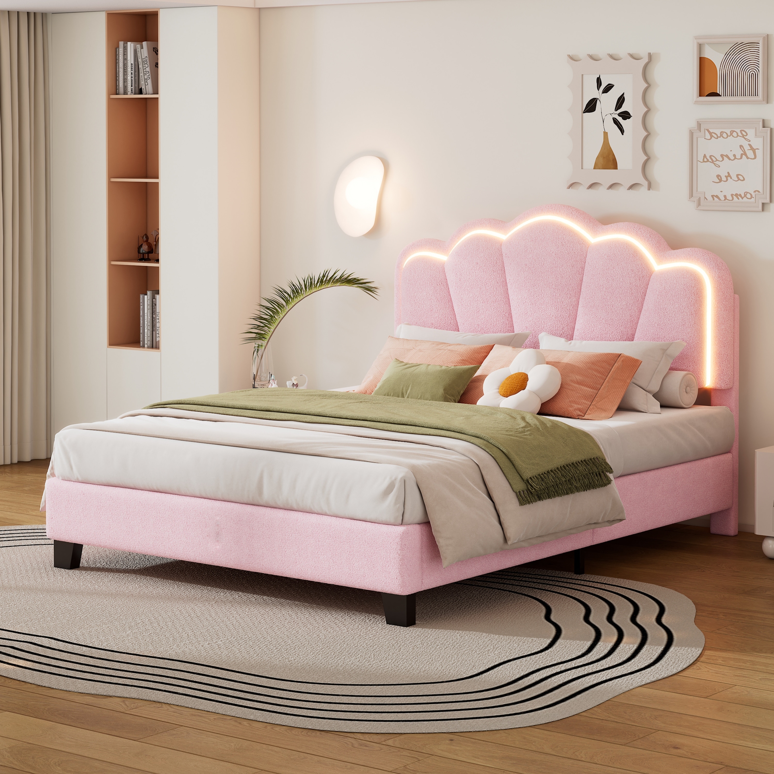 Full Size Wood Flower Shape Bed with Flowers Headboard LED Light Strip
