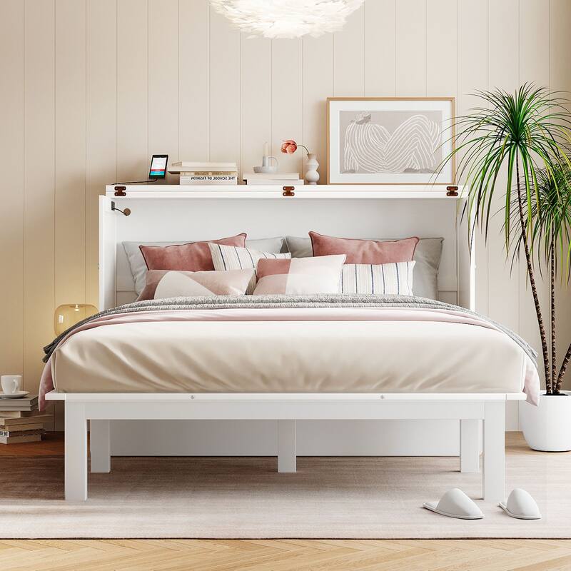 Queen Size Murphy Bed With Usb Port And Removable Shelves On Each Side