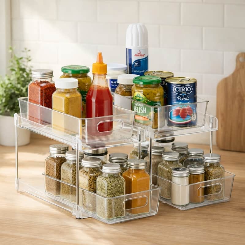 Sorbus 2-Tier Pull-Out Kitchen Organizers, 2 Pack Clear Storage Drawers ...