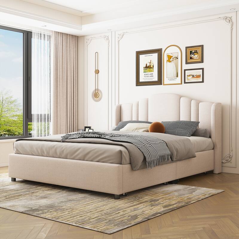 Queen Size Linen Upholstered Platform Bed With 4 Storage Drawers
