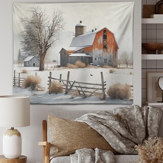 Designart 'Red Barn Scenery In Winter I' Barn Landscape Wall Tapestry ...