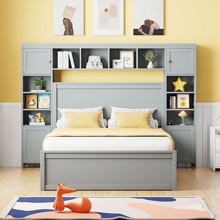 Full Multi-Cabinet Bed Wooden Platform Bed with Shelf Cubes and Little ...