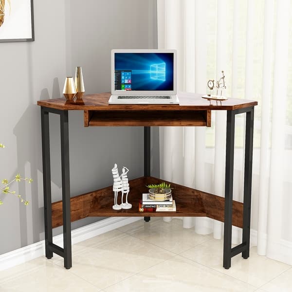 Triangle Corner Desk With Smooth Keyboard Tray and Storage Shelves ...