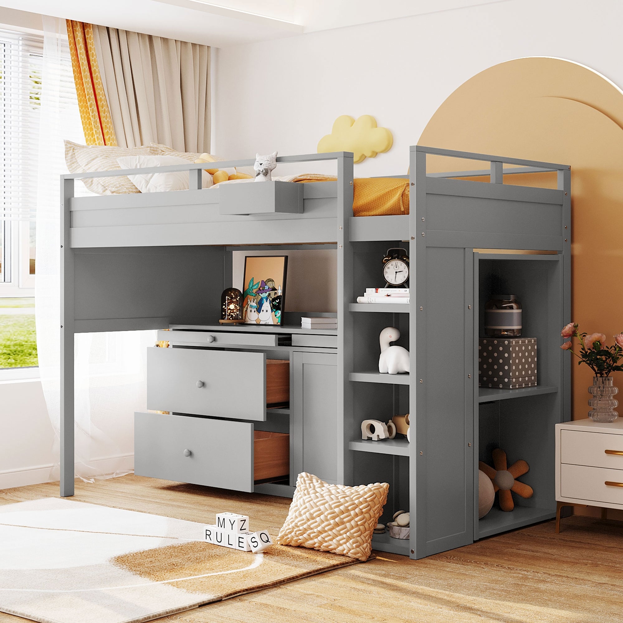 Gray Pine Wood Twin Size Loft Bed with Rolling Cabinet and Desk, 2 Storage Drawers, 2 Rolling ...