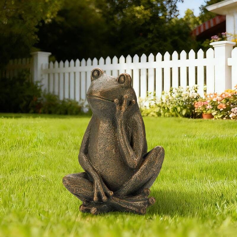 Glitzhome 12''H Resin Bronze Sitting Frog Statue Outdoor Garden ...