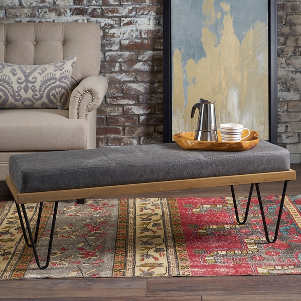 47 Mid Century Modern Upholstered Bench with Faux Pine Veneer Polyester Cushion Hairpin Legs for Entryway MDF Bed Bath Beyond 42404217