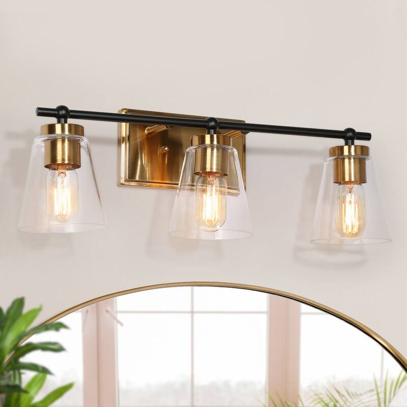 Modern 3-Light Black Gold Bathroom Vanity Lights Clear Glass Wall ...