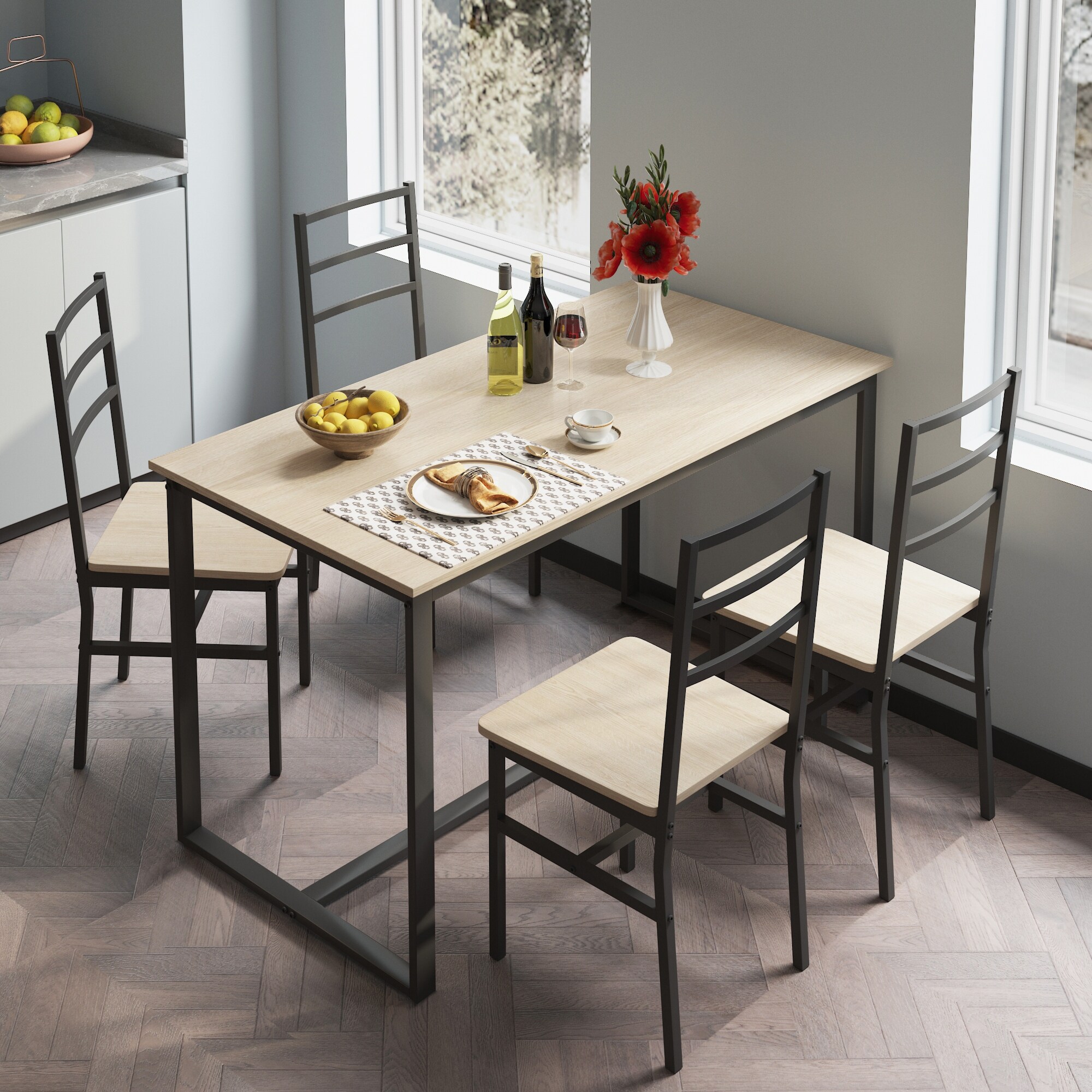 Five piece set table and chair with backrest industrial style solid structure Brown
