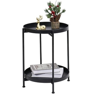 2-Tier End Table Metal Round Tray Side Table Small Folding Accent ...