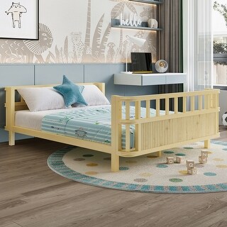 Children's Double Wooden Platform Bed with Railings and Low Iron Frame ...