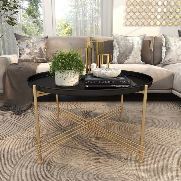Studio 350 Black Metal Tray Top Living Room Coffee Table with Gold X Shaped Base 33 x 33 x 19