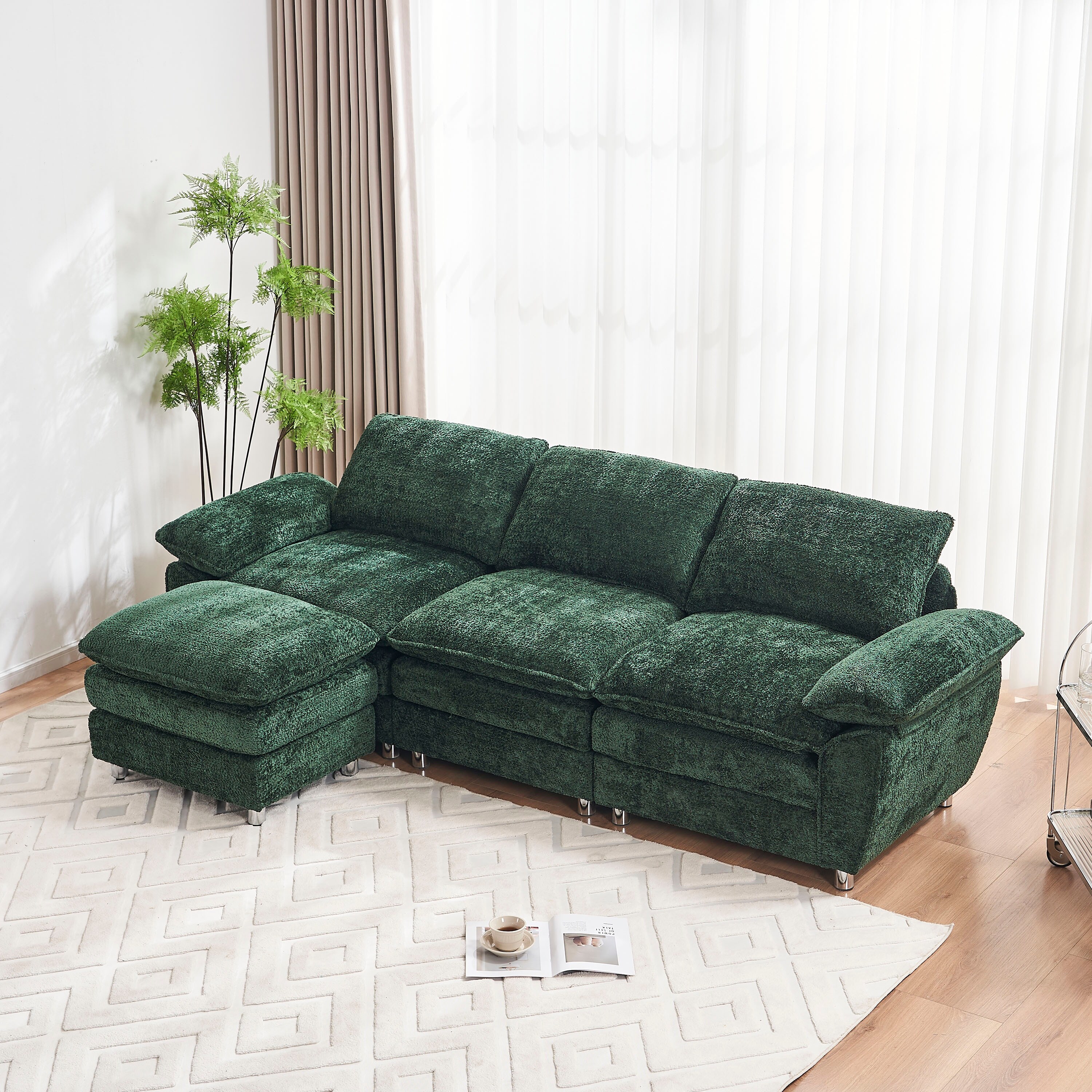 2 Layer Upholstered Deep Seat Recliner Sofa L Shaped Sectional Sofa w Ottoman Chaise 3 Seat Green Couch w Soft Sofa Cover